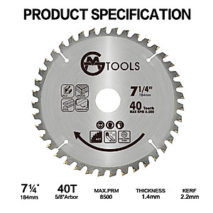 GMTOOLS 7-1/4 Inch 40 Teeth Carbide Tipped Circular Saw Blade with 5/8-Inch Arbor, Professional ATB Finishing Woodworking Saw Blade for Plywood, Laminate, Ripping Wood, Crosscuts Wood, 1-Pack