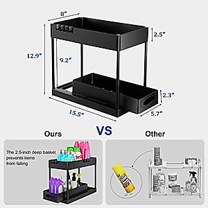 KMIGRUAN Under Sink Organizers and Storage,2 Tier Kitchen and Bathroom Organizer Under Sink Shelf，Multi-function with Hook Under Cabinet Organizer