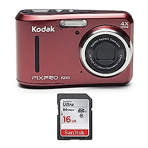 Kodak PIXPRO FZ43 Friendly Zoom (Red) with 16GB SD Card Bundle (2 Items)