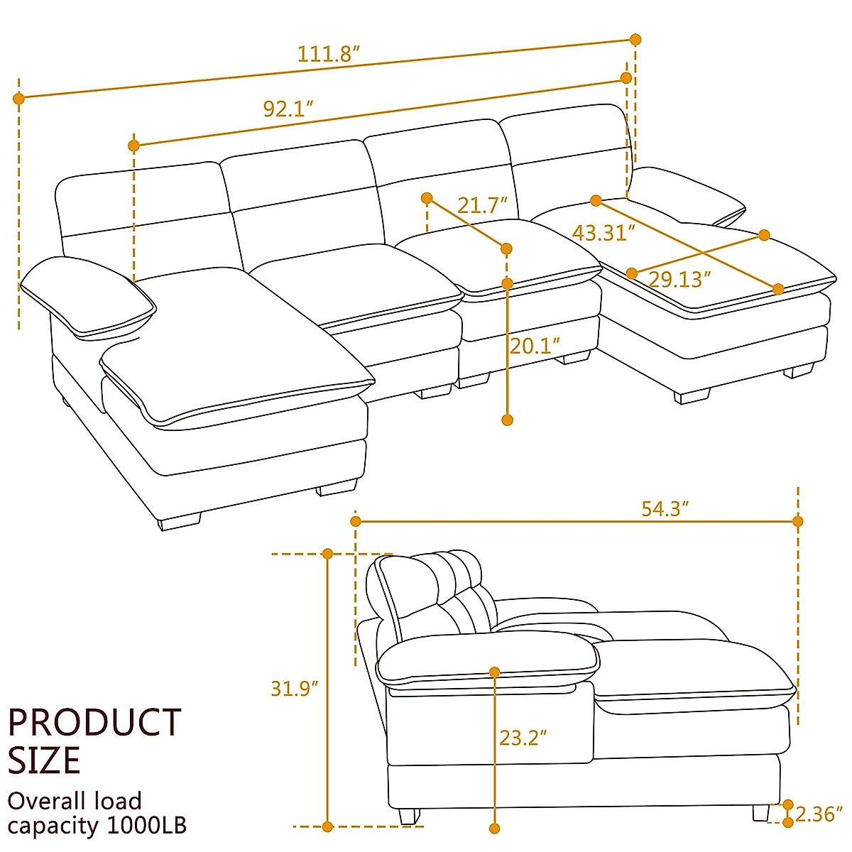ZX Design 111" Sectional Sofa, Comfortable Cloud Couch for Living Room，U Shape Couch, Modern Dual Recliner Combo Sofa Sleeper with Soft Armrests & Memory Foam for Living Room (Corduroy Gray)