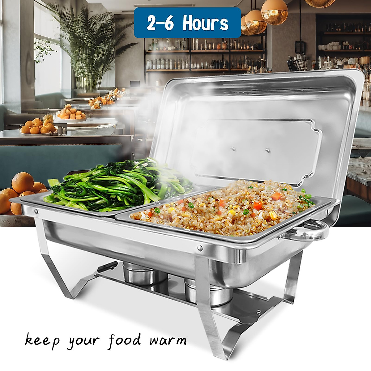 Jacgood Chafing Dish for Buffet, 6 Pack Stainless Steel Chafing Servers Food Warmer Sets with 8QT Half Size Food Pan for Kitchen Party Banquet Dining