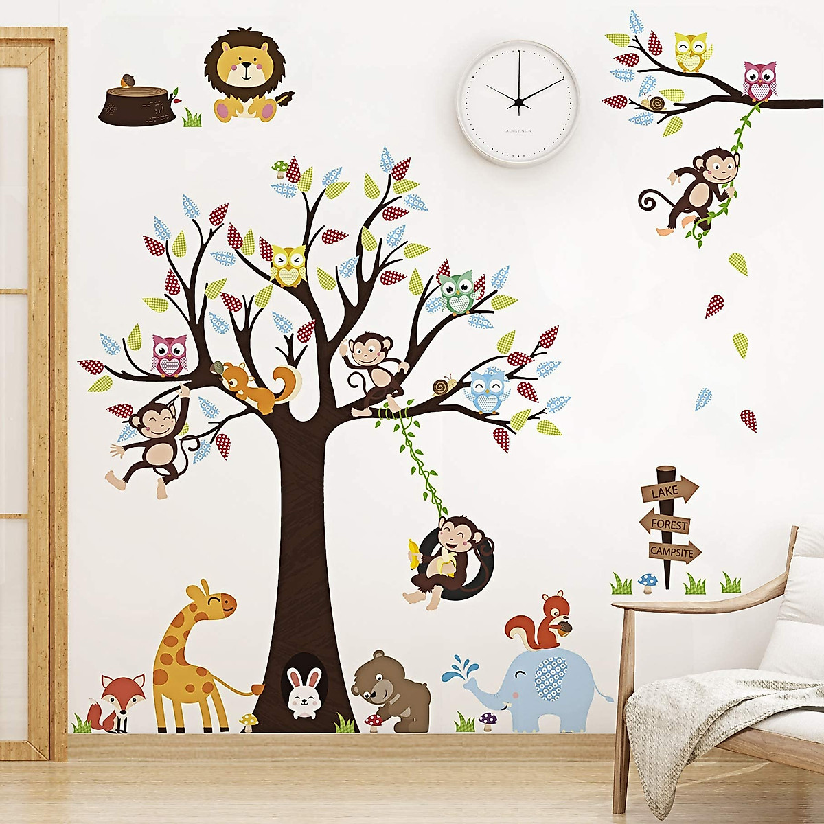 LiveGallery Cartoon Animals Wall Decals Removable Tree Wall Stickers DIY Owls Wall Art Cute Monkey Elephant Giraffe Wall Decal for Kids Boys Children Bedroom Playroom Nursery Rooms Decoration 39"x65"