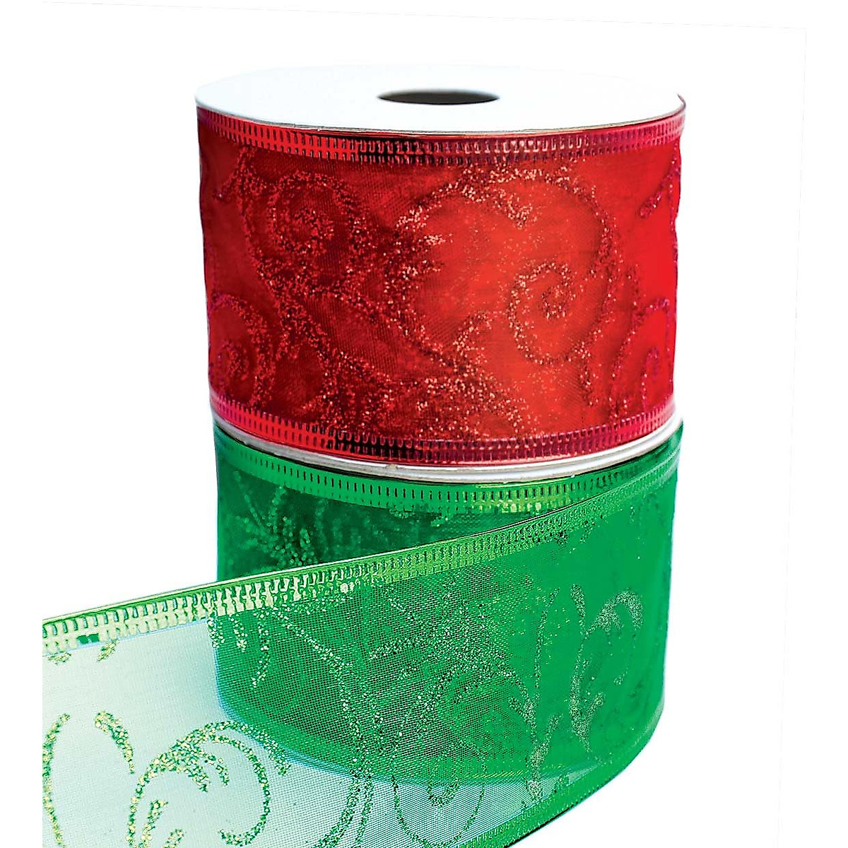Christmas Ribbon for Gift Wrapping Red Wired Ribbons Green Sheer Wire Organza Set Present Wrap Around, Xmas Tree Decor Crafts Floral Arrangement Supplies & Decoration 30 Yards x 2 in Wide Each