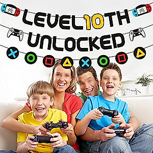 Happy 10th Birthday Banner Level 10s Unlocked Decoration Video Game Controller Level Up Theme Bday Decor for Boys Girls Children Kids Tenth Birth Anniversary Event Supplies