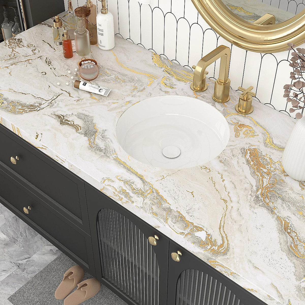 Livelynine off White Marble Contact Paper for Countertops Desk Waterproof Gold Marble Wallpaper Peel and Stick Countertop Kitchen Vinyl Wrap Marble Counter Top Covers Bathroom Bedroom Walls 15.8x78.8"