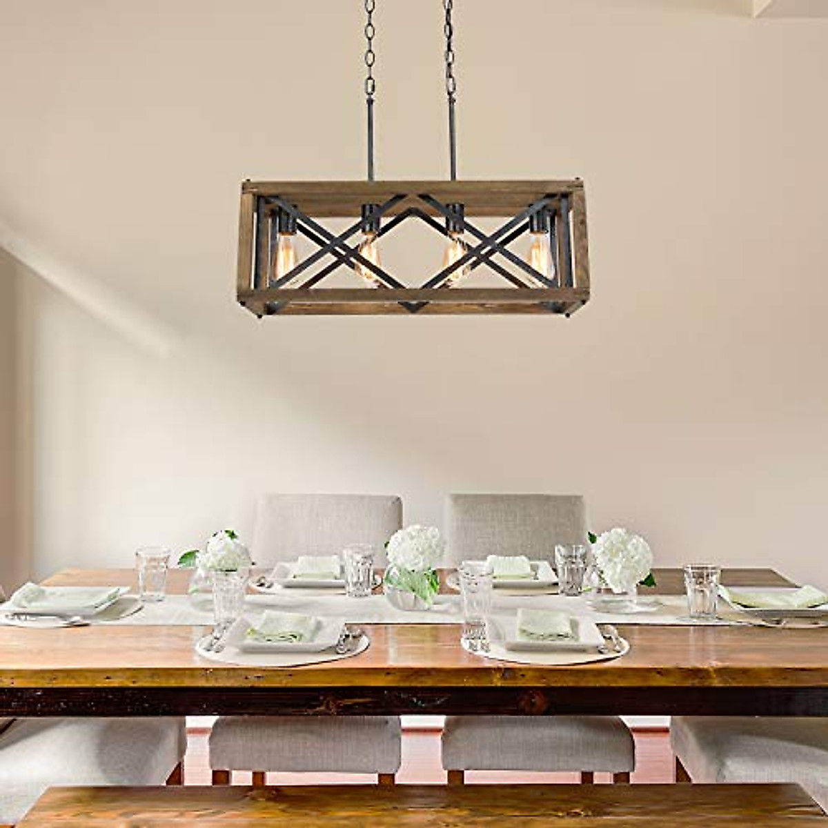 Farmhouse Chandelier, 4-Light Dining Room Lighting Fixtures Hanging, 27.5" Rustic Rectangle Chandelier for Kitchen Island