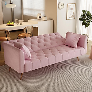SumKea 71'' Modern Velvet Futon Sofa Bed, Loveseat Sofa, Convertible Folding Sleeper Couches with Adjustable Backrests and 2 Pillow, Lounge Sofa with Golden Chrome Legs, Pink
