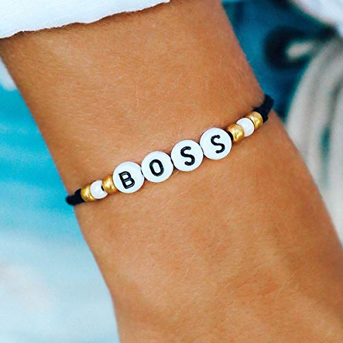Pura Vida Boss Alphabet Bead Bracelet - 100% Waterproof, Adjustable Band - Black