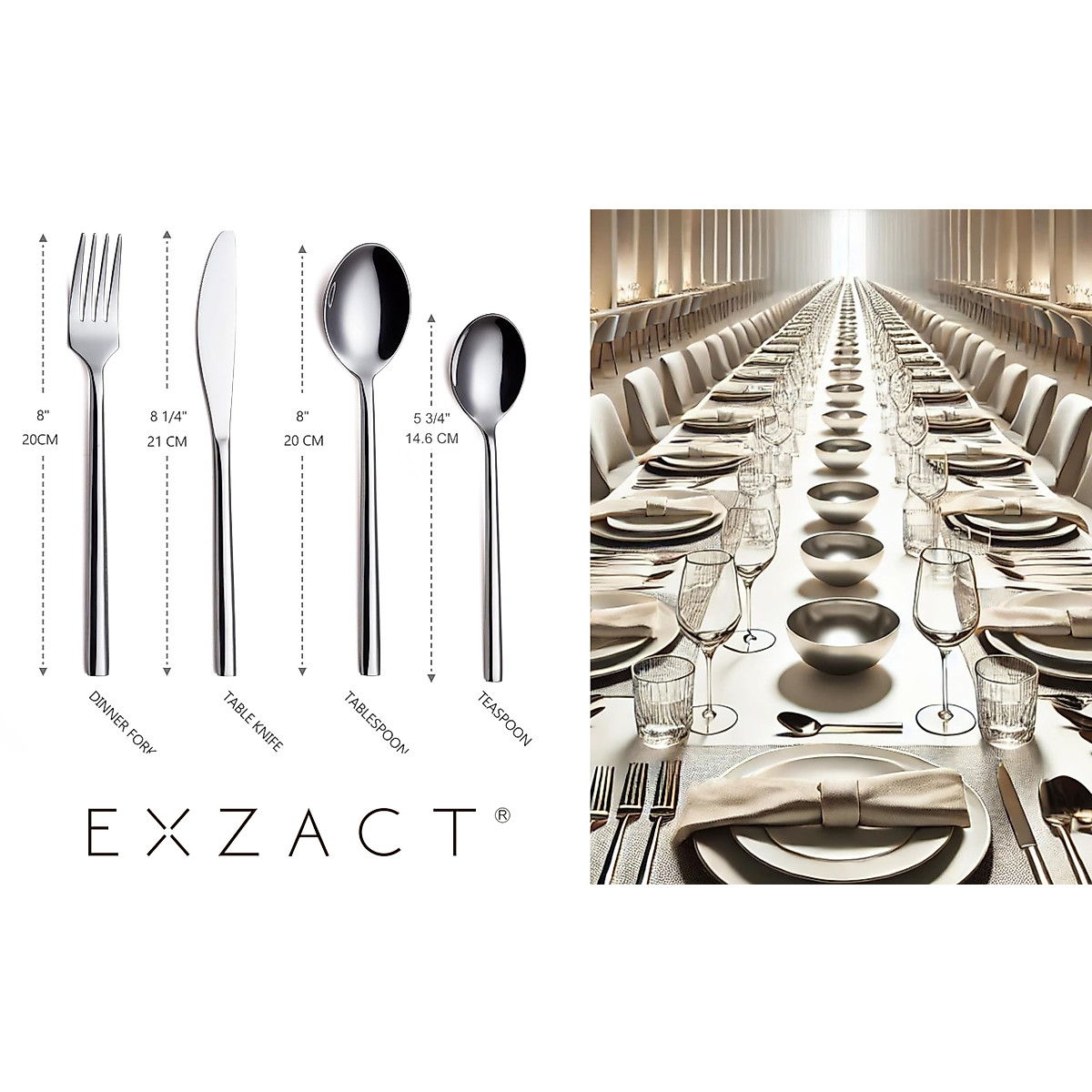 Exzact Silverware 24pcs Flatware Forged Stainless Steel - 6 x Forks, 6 x Table Knives, 6 x Tablespoons, 6 x Teaspoons - Service for 6 (24 pcs Hand Forged)