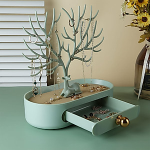 MORE&LESS Antlers Jewelry Display Stand with Aluminium alloy handle, Tree Tower Rack Hanging Organizer for Ring Earrings Necklace Bracelet, Deer Horn Tree Stand with Storage Drawer and Tray