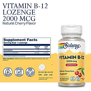 SOLARAY Vitamin B-12 2000 mcg, Sugar-Free Natural Cherry Flavor, Healthy Energy & Red Blood Cell Support, 90 Lozenges