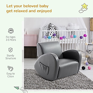 Qaba Kids Sofa Rocking Chair with Side Pocket, PU Leather Toddler Armchair for Children Grey