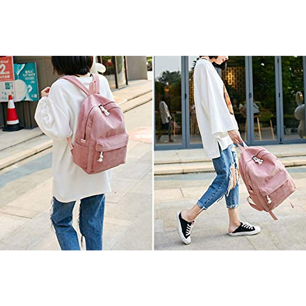 Corduroy Knapsack Casual Backpack Unisex Classic Campus Portable Ultra Soft Handbag (Pink)