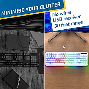 Klim Chroma Wireless Gaming Keyboard RGB - Long-Lasting Rechargeable Battery - Quick and Quiet Typing - Water Resistant Backlit Wireless Keyboard for PC PS5 PS4 Xbox One Mac - White (Renewed)