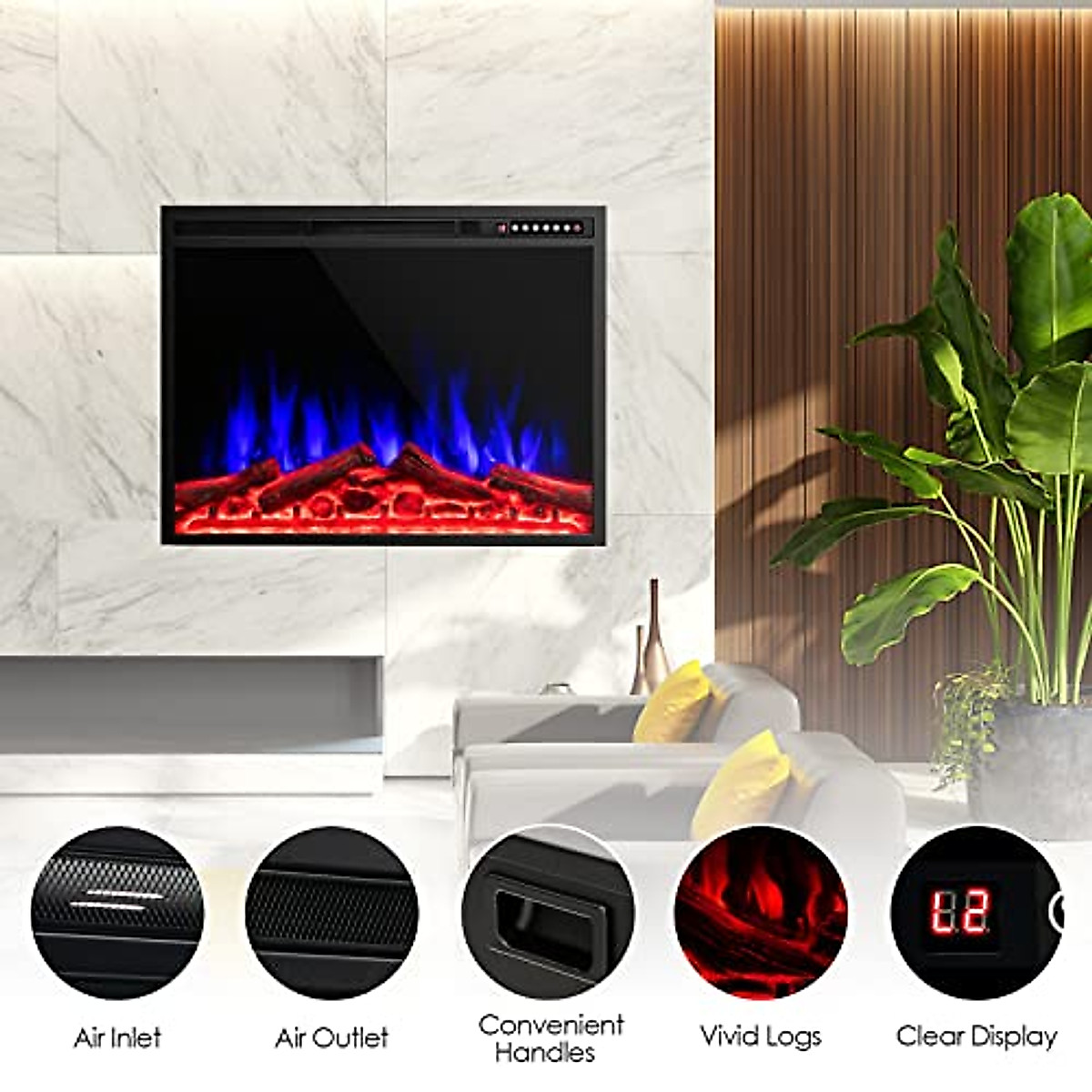 GOFLAME 34 Inch Electric Fireplace Insert, Freestanding & Recessed Ultra Thin Electric Fireplace with 5100 BTU Heat Output, 4 Flame Bed & Flame Colors, Remote Control, Overheat Protection, 750W/1500W