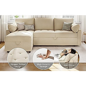 VanAcc Pull Out Convertible Sofa Bed with Storage Chaise, Tufted Sleeper Sectional Couch for Living Room (Beige)