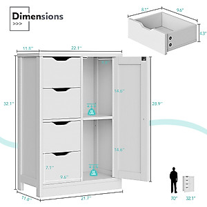 Vongrasig Bathroom Floor Storage Cabinet, Wooden Storage Organizer with 4 Drawers and 1 Door, Freestanding Pantry Cabinet with Adjustable Shelves for Bathroom, Living Room, Kitchen, Entryway, White