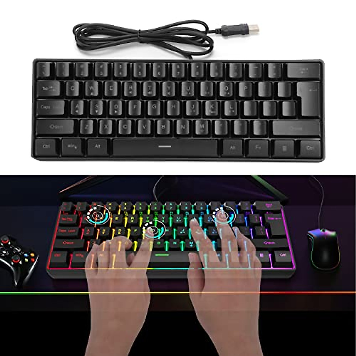 Gaming Keyboard, Computer Keyboard DC5V 100mA RGB Light FN Combination Shortcut Keys 61 Keys for Office