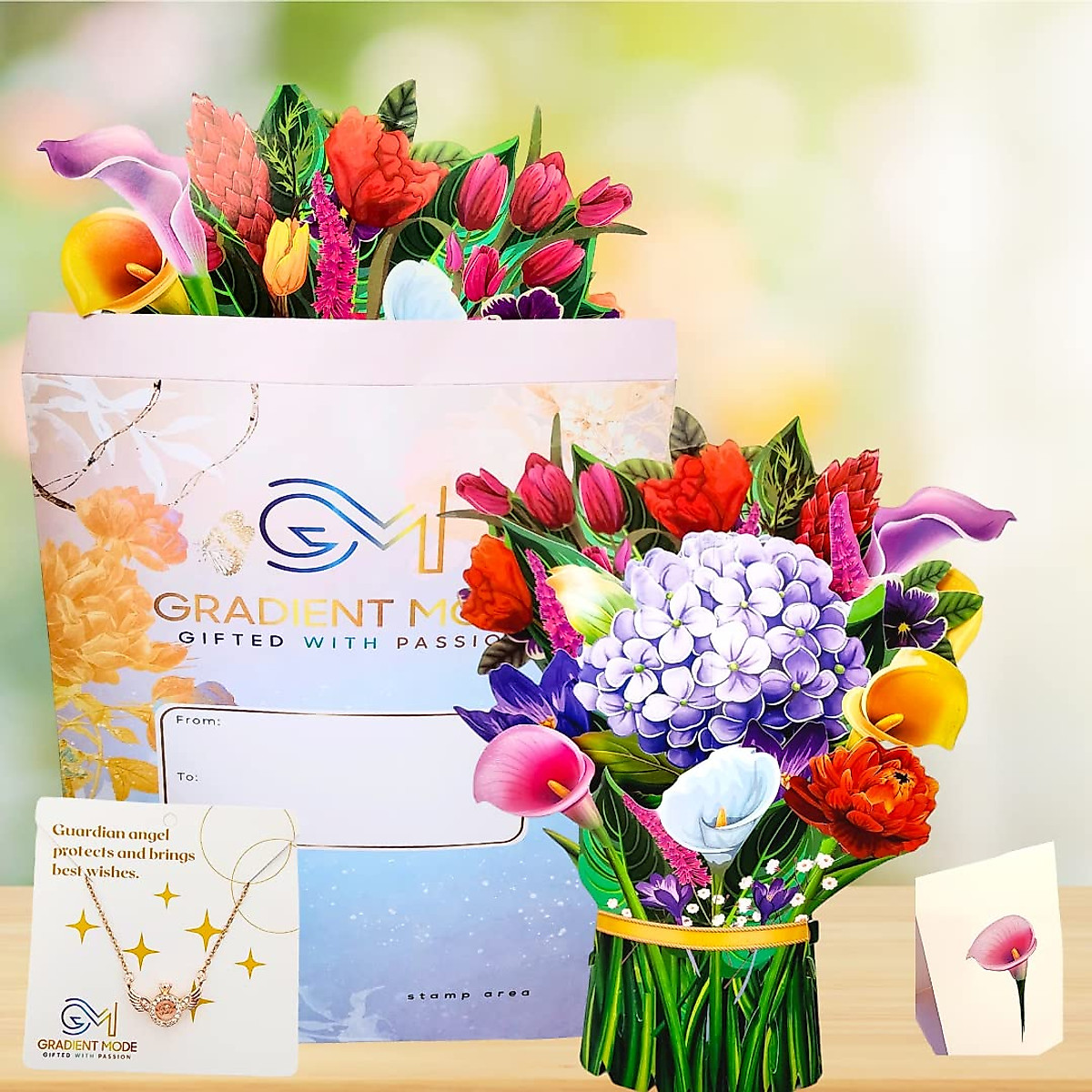 3D Pop-Up Greeting Card, 12 inch Life Sized Hydrangea Bouquet Artificial Flowers, 18k Gold Plated Necklace Gift with Note Card and Envelope Birthday Card for Mom Gifts for Women