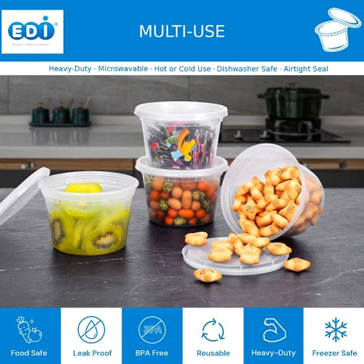 EDI [16 OZ, 50 Sets] Plastic Deli Food Storage Containers with Airtight Lids | Microwave-, Freezer-, Dishwasher-Safe | BPA Free | Heavy-Duty | Meal Prep | Leakproof | Recyclable