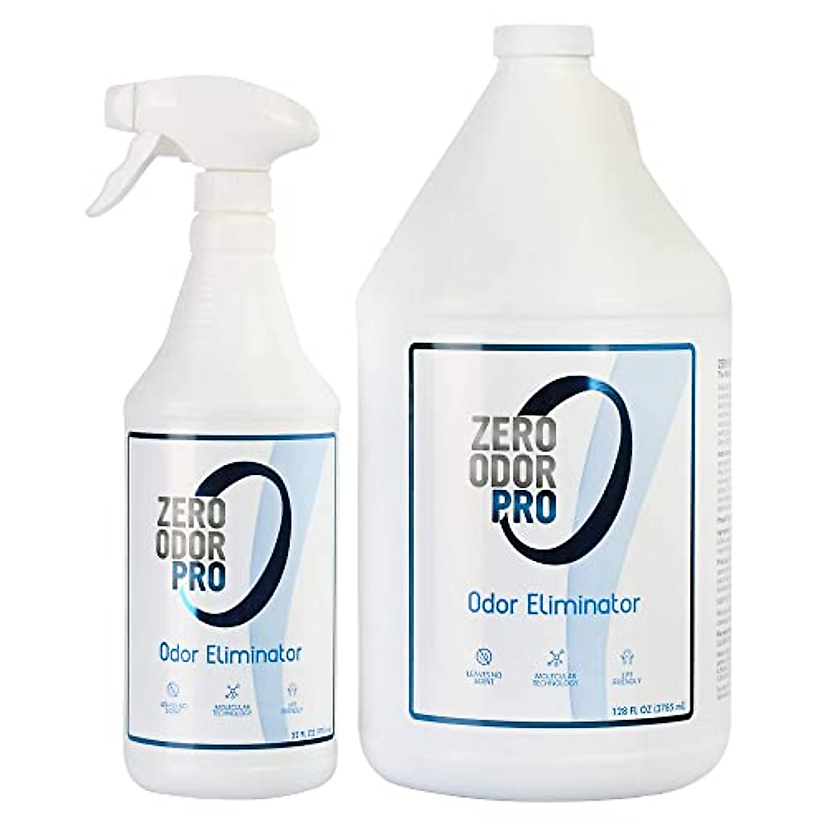 Zero Odor –Professional Odor Eliminator Bundle- Eliminate Extreme Air & Surface Odor– Patented Molecular Technology Best for Strong, persistent odor- Smell Great Again, 32oz & 128oz Refill