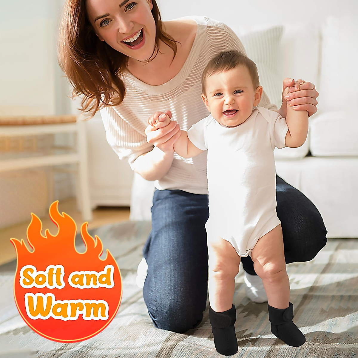 Baby Booties 6-12 Months Unisex Cozy Fleece Newborn Booties Non-Slip Newborn First Walkers Shoes Toddler Slippers for Baby Boys & Baby Girls Gifts, Black