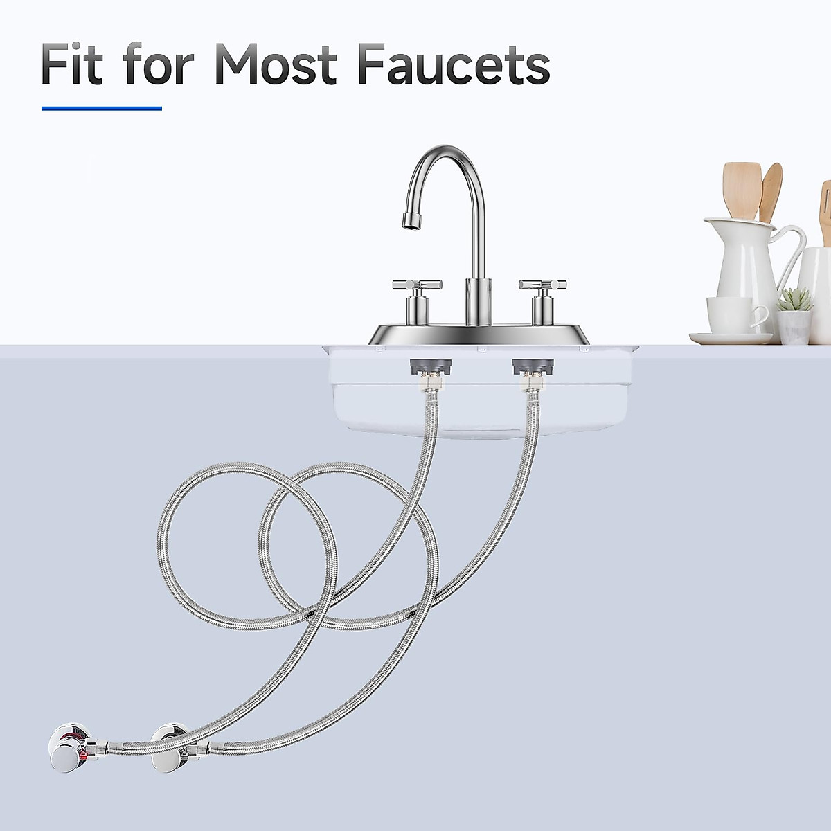 JUWO 60" Faucet Supply Line, 3/8" Comp x 1/2" FIP Stainless Steel Kitchen Faucet Hose Connector, For Large Residence or Outdoor Use with Extra Long Distance (2-Pack)