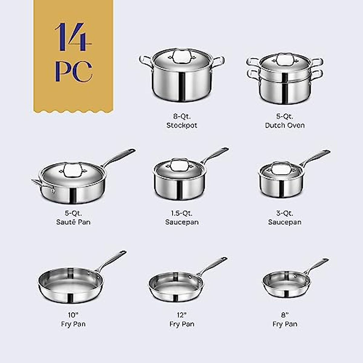 Legend 5 Ply 14 pc All Stainless Steel Heavy Pots & Pans Set | Professional Quality Cookware 5ply Clad Home Cooking & Commercial Kitchen Surface Induction Oven Safe | Non-Teflon PFOA, PTFE & PFOS Free