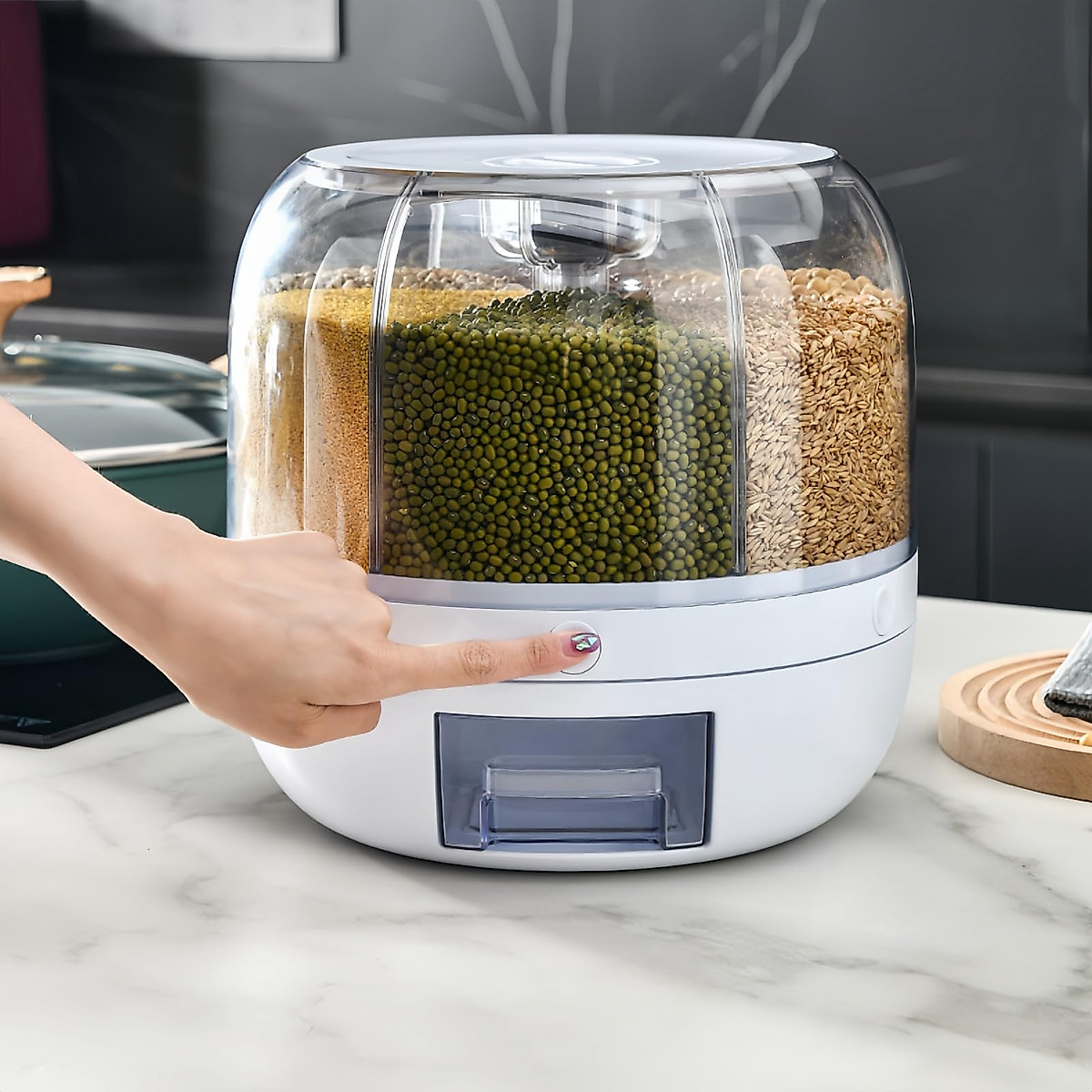 ECLIPSBACI Grain Storage Container Dispenser, rice dispenser rotating, 360° rotating food dispenser One-Click Output rice Storage Round Grain Dispenser Kitchen for Small Grains, Beans, Rice (B)