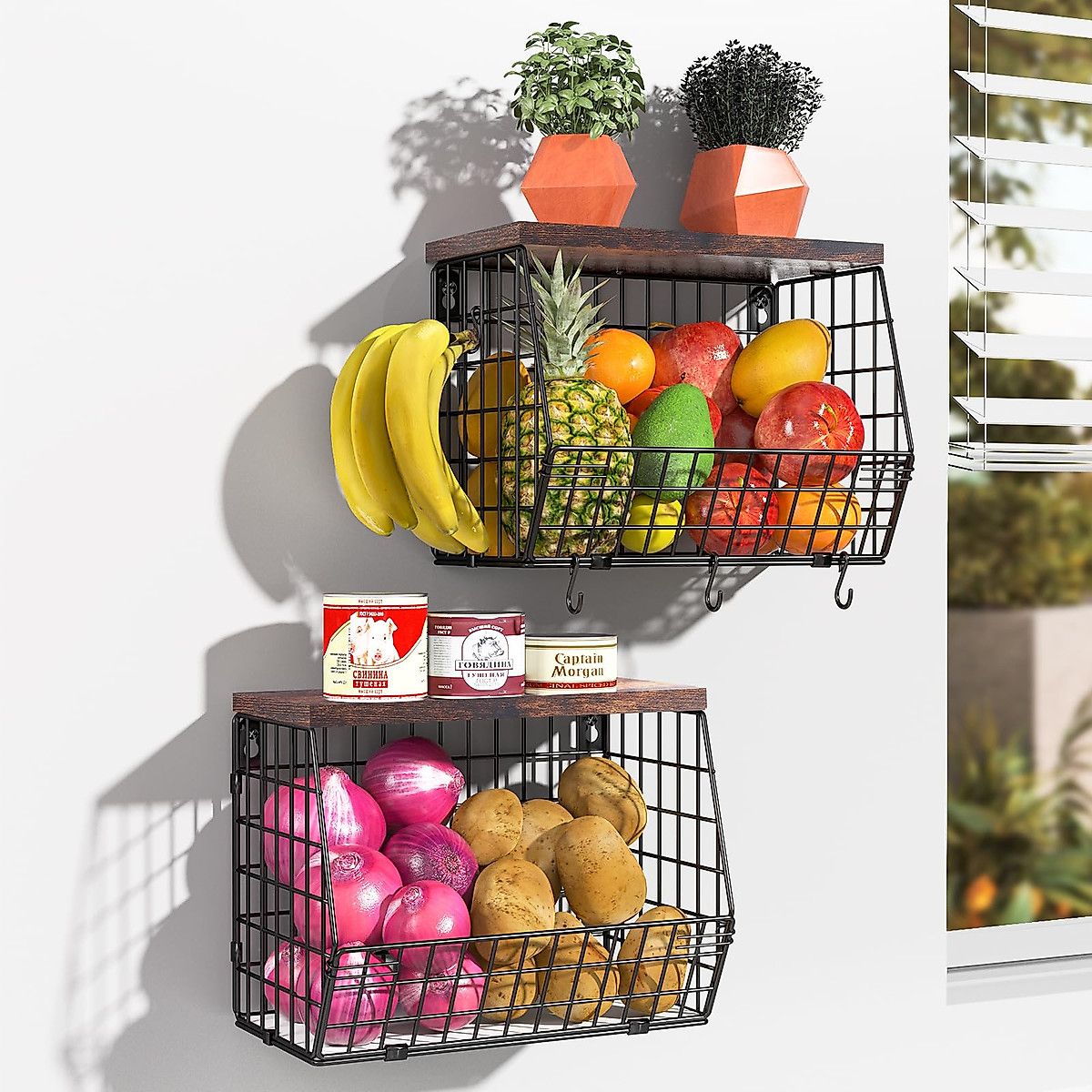 2 Tier Fruit Bowl Fruit Basket for Kitchen Counter Stackable Wall Mounted Hanging Basket Wire Baskets with Wood Lid with 4 Banana Hanger Hooks, Onion Basket, Fruit and Vegetable Storage