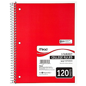Mead Spiral Notebook, College Ruled, 3 Subject, 120 Sheets, 10.5" x 8", Assorted Colors, 6 Pack