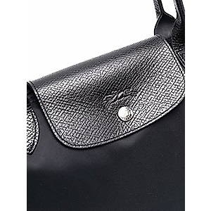 Longchamp Womens Le Pliage Green Shoulder Leather Trim Tote Handbag Black Large