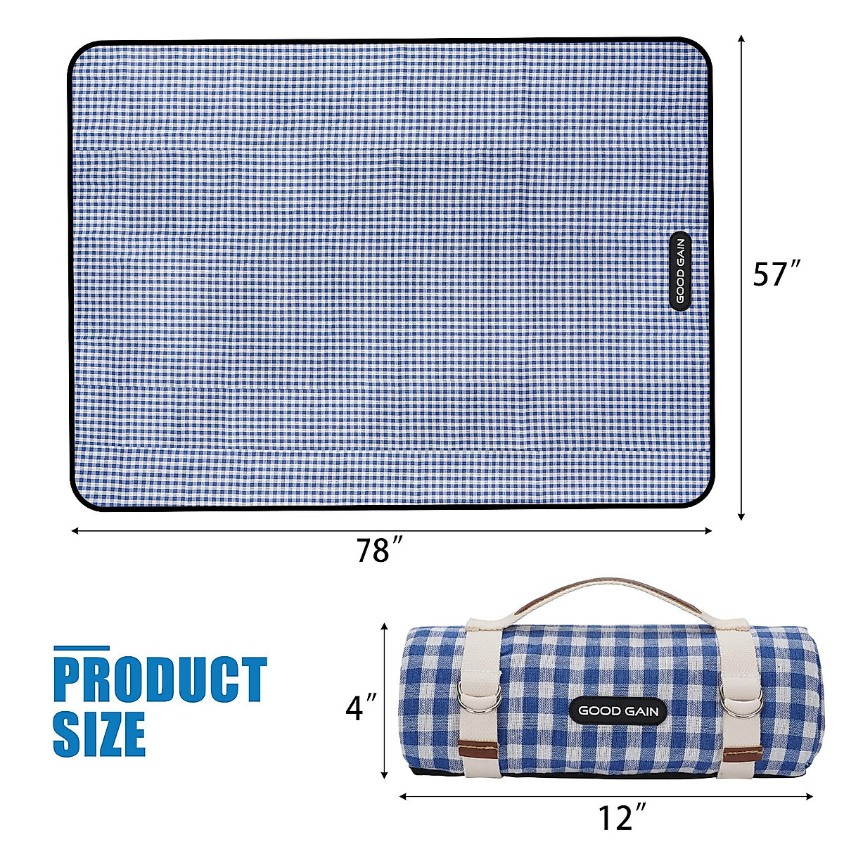 G GOOD GAIN Picnic Outdoor Blankets Waterproof Large - Beach Mat Sand Free Foldable with Carry Strap | Portable Camping Blanket | Park Blanket for Grass Park, Hiking, Travel, Concerts, Indoor (Blue)