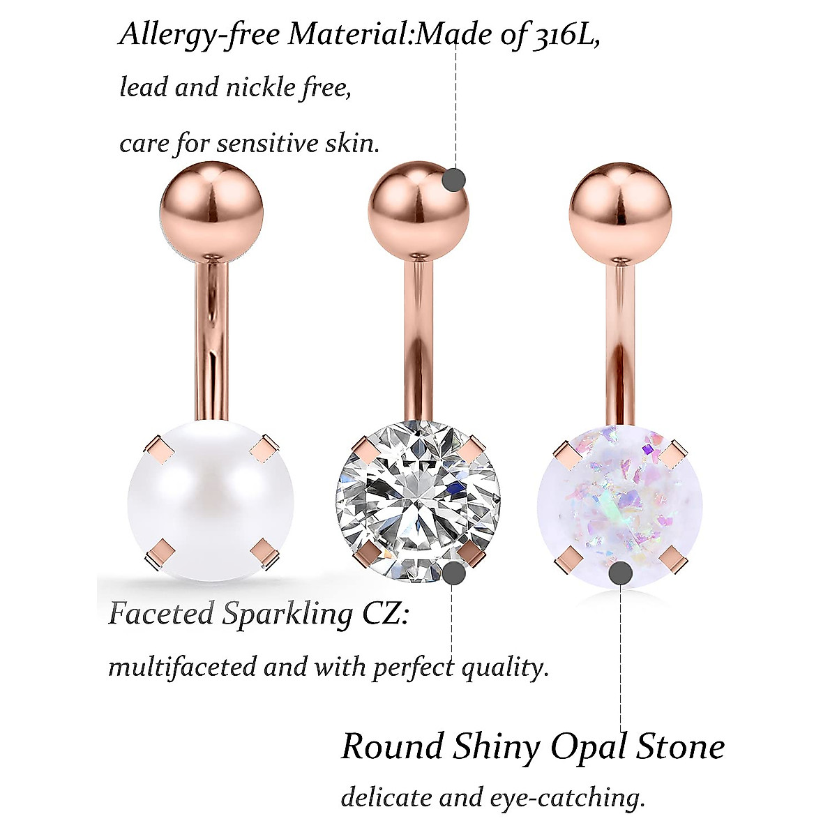 Vsnnsns 14G Belly Button Rings Flower Belly Rings for Women Stainless Steel Opal Belly Piercing Jewelry Surgical Steel Belly Button Rings Curved Navel Ring Barbell CZ Body Jewelry Piercing Rose Gold