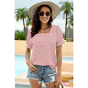 WIHOLL Summer Tops Women 2025 Dressy Casual Square Neck Easter Shirts Outfits Beach Vacation Clothes Pink Stripe L