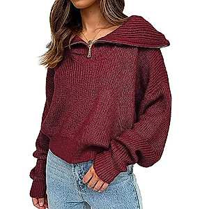 KIRUNDO Women's 2023 Fall Winter Long Sleeve Quarter Zip Pullover Casual V Neck Ribbed Knit Sweaters Jumper Tops(Wine Red, Medium)