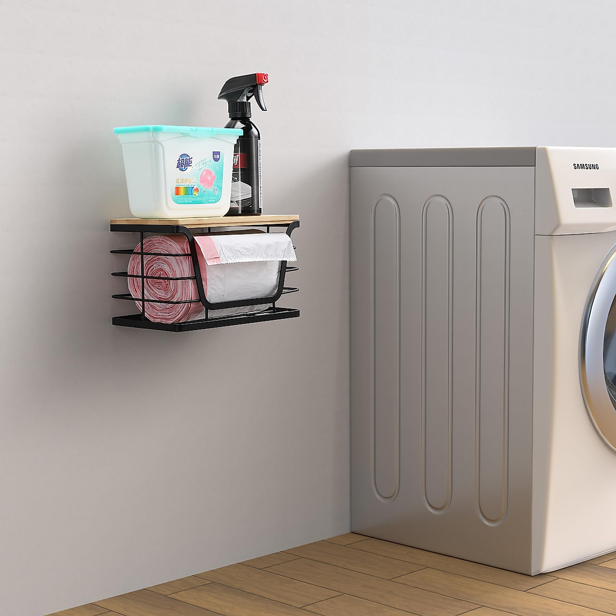 ALOCEO Small Trash Bag Holder with Bamboo Top, Wall Mount Stackable Standard Garbage Bag Dispenser for Laundry Room Organization and Storage