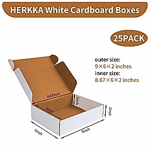 Shipping Boxes 9x6x2, HERKKA 25 PACK White Corrugated Cardboard Mailer Boxes, Medium Mailing Boxes for Packaging Small Business