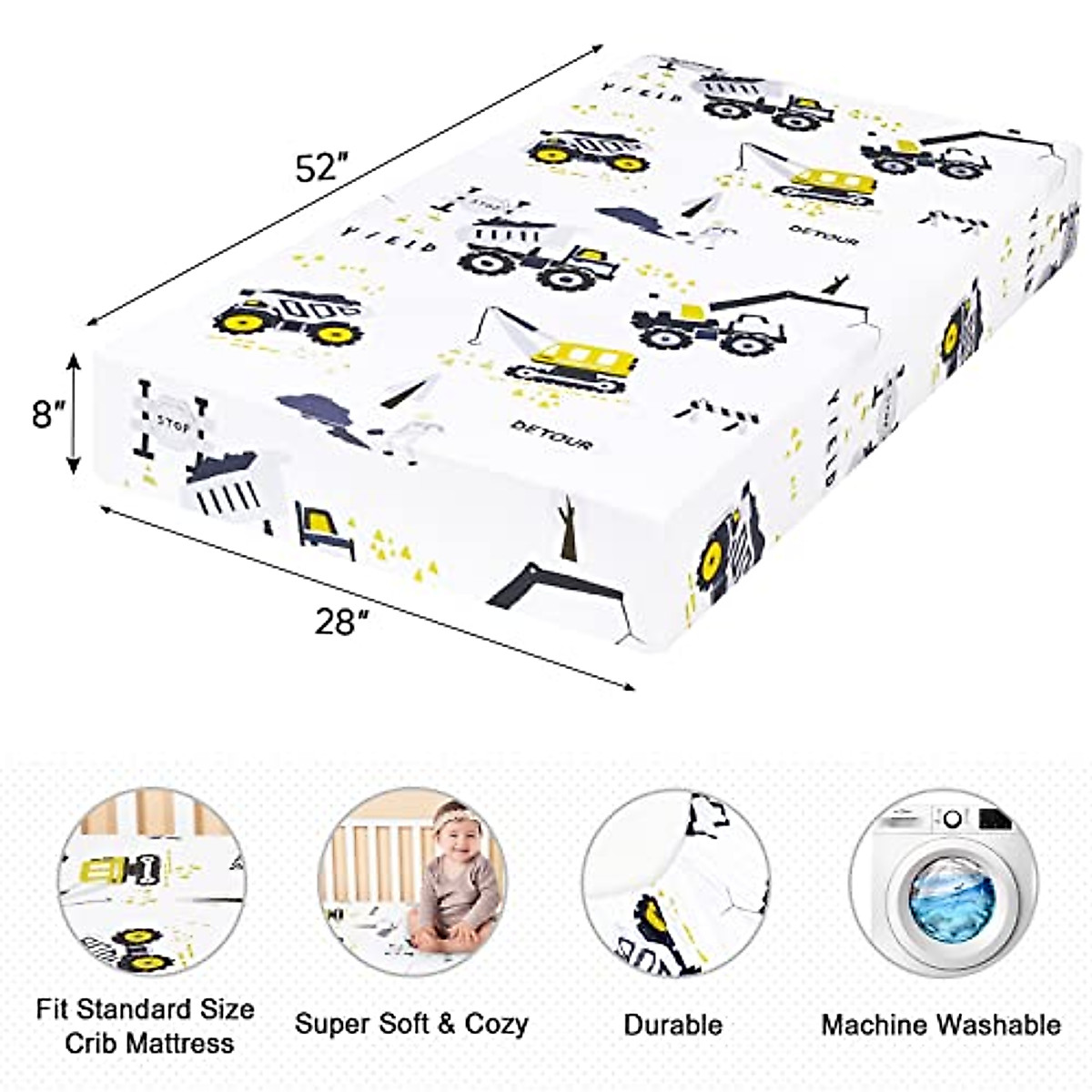 PHF 100% Cotton Crib Sheets Fitted 2 Pack, Soft Breathable Comfortable Baby Sheet Set for Boys Girls, Premium Crib Sheets Fits Standard Crib and Toddler Mattress 28in x 52in, Construction Cars