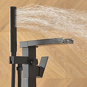 BESy Tub Filler Freestanding Bathtub Faucet Waterfall Matte Black Floor Mount Brass Single Handle Bathroom Tub Faucets High Flow Bath Shower Faucets with 2 Function Square Handheld Sprayer