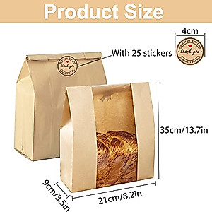 Paper Bread Bags for Homemade Bread Sourdough Bread Bags Large Paper Bakery Bag with Window for Baked Food Packaging Storage,Label Seal Sticker Included Pack of 25(13.7x8.2x3.5 inch)