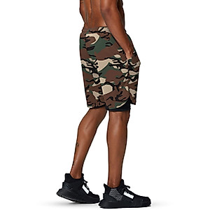 Pinkbomb Men's 2 in 1 Running Shorts Gym Workout Quick Dry Mens Shorts with Phone Pocket (Green Camo, XX-Large)
