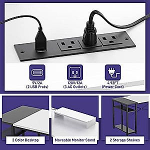 Cyclysio L Shaped Desk with Power Outlets and USB Ports, Reversible L Shaped Gaming Computer Desk with LED Light, 83.5'' Large 2 Person Desk with Monitor Stand, L-Shaped Corner Desk, White and Black
