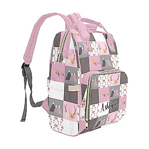 Liveweike Pink Grey Floral Deer Patchwork Personalized Diaper Bag Backpack Custom Name Daypack Large Mommy Bags for Teen Girl Boy Student