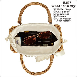 So'each Women's Handmade Rattan Wicker Artificial Pearl Shoulder Bag Beige