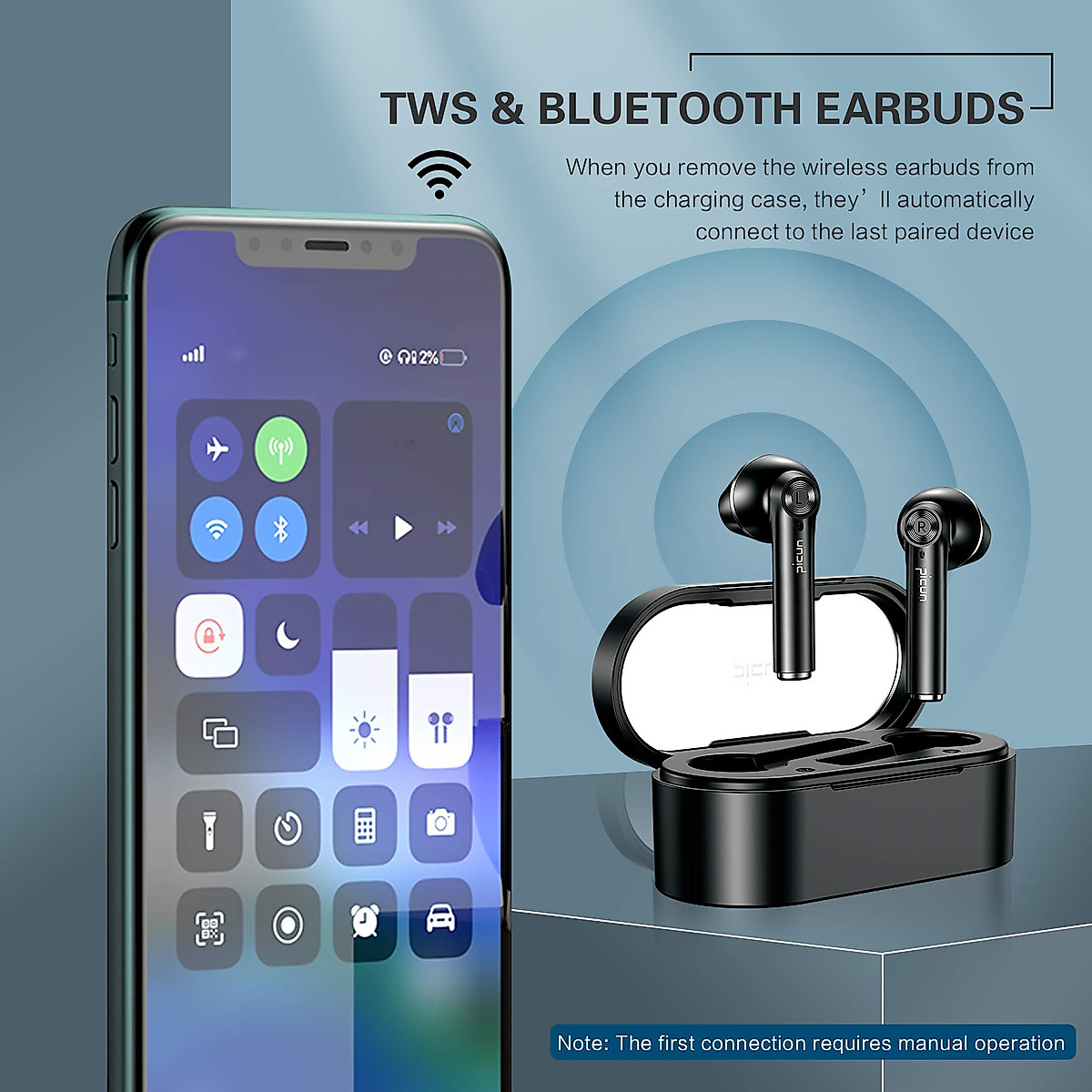 HEYKING Wireless Earbuds, Bluetooth 5.0 in Ear Headphones Wireless Charging Case TWS Earphones with Mic, Deep Bass/IPX4 Waterproof/42H Playtime/Touch Control,Black