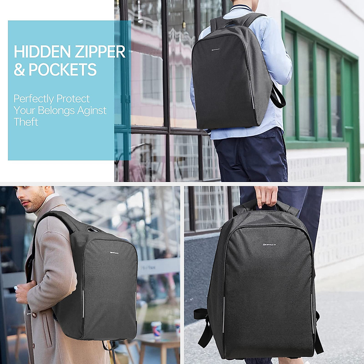 KOPACK Security Backpack, 15.6 Inch Laptop Backpack with Hidden Anti-Theft Zipper and USB Port, Stylish Waterproof Business College Travel Commuter Backpack, with Rain Cover-Grey Black Bag