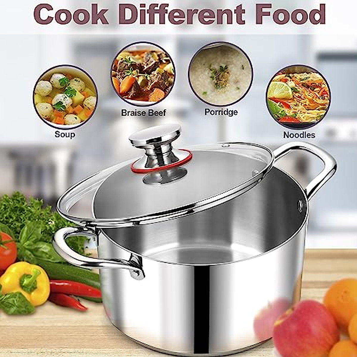 LIANYU 8QT 18/10 Stainless Steel Soup Pot with Lid, 8 Quart Stock Pot With Triple Ply, Heavy Duty Pasta Soup Canning Stockpot, Induction Pot for Boiling Strew Simmer, Big Cookware Cooking Pot