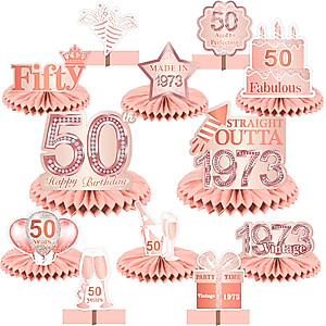 Happy 50th Birthday Rose Gold Table Honeycomb Centerpieces Balloons Theme Decor Table Decorations Table Toppers for Girls Women Sweet Princess 50 Years Old Pink Birthday Party Bday Supplies Ornament