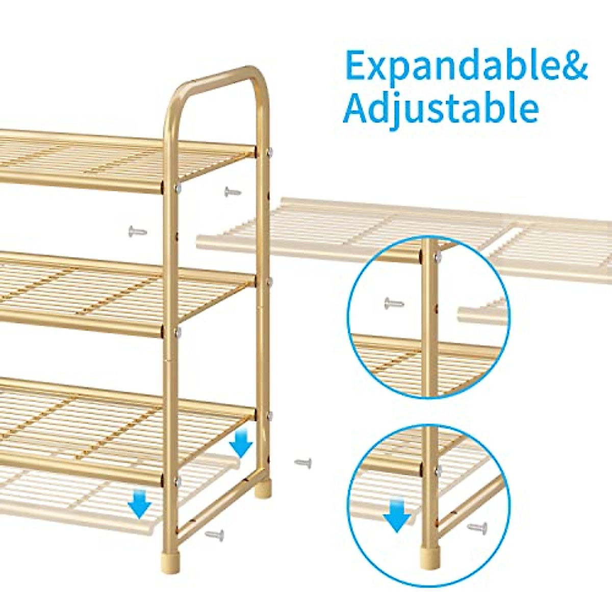 Simple Trending 3-Tier Stackable Shoe Rack, Expandable & Adjustable Shoe Shelf Storage Organizer, Wire Grid, Golden Yellow